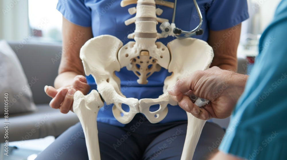 A medical professional holding a model of the human pelvis, explaining ...