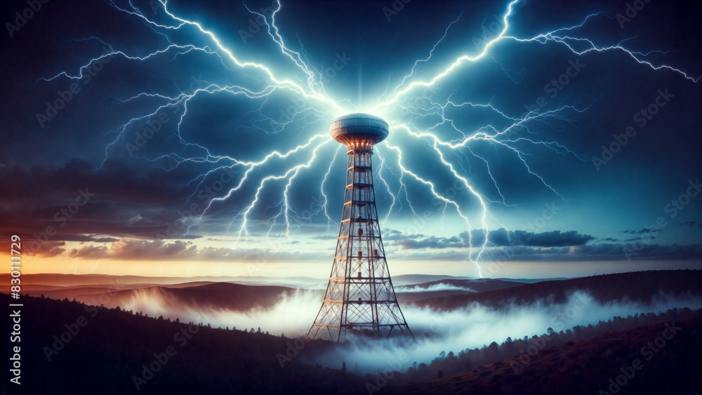 Tesla Tower radiating energy, with lightning streaking across stormy ...