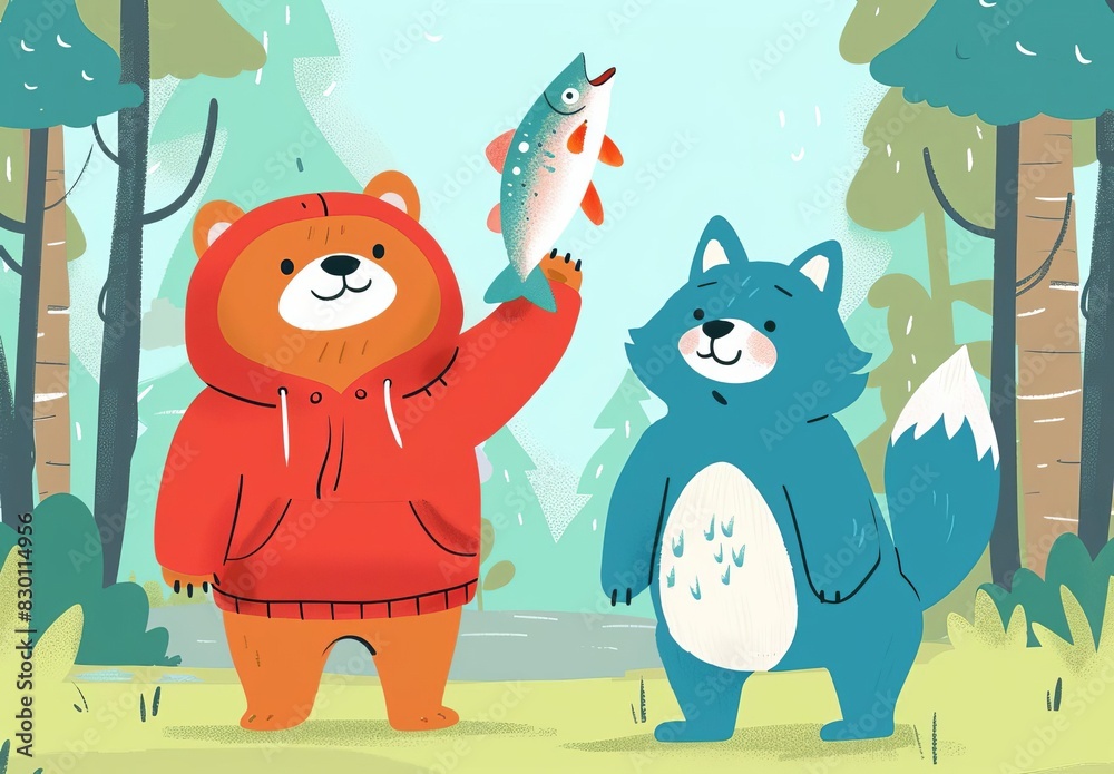 Friendly Bear and Fox Cartoon Characters Sharing a Fish in Snowy Forest ...