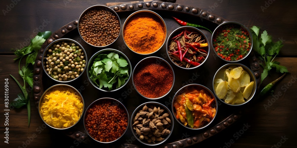 Top view of traditional Indian dishes and spices on rustic background ...