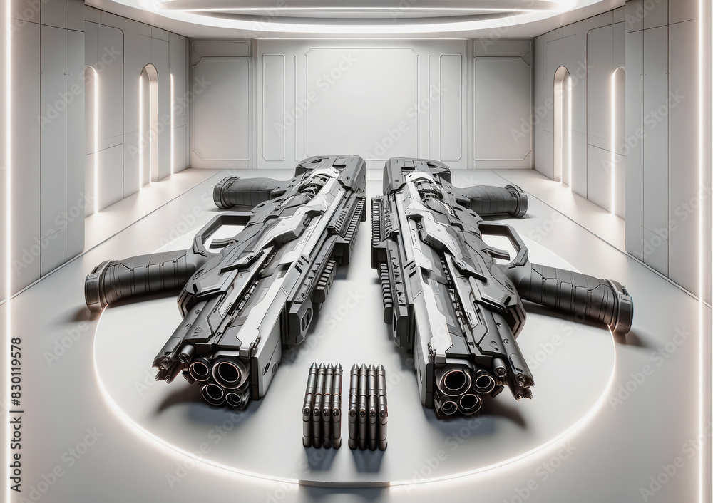 Two futuristic, high-tech weapons are showcased in a sleek, minimalist ...