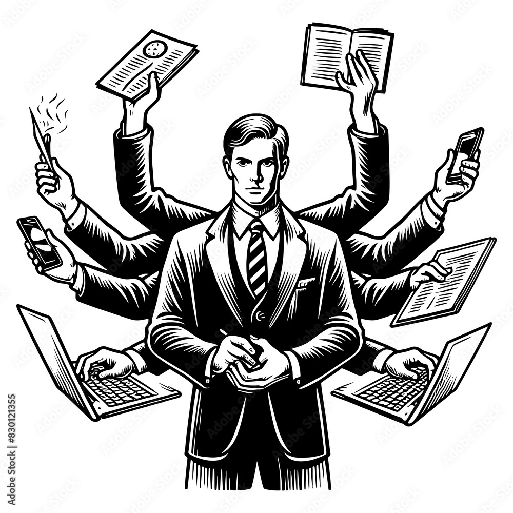 businessman multiple arms handling various tasks, multitasking and ...