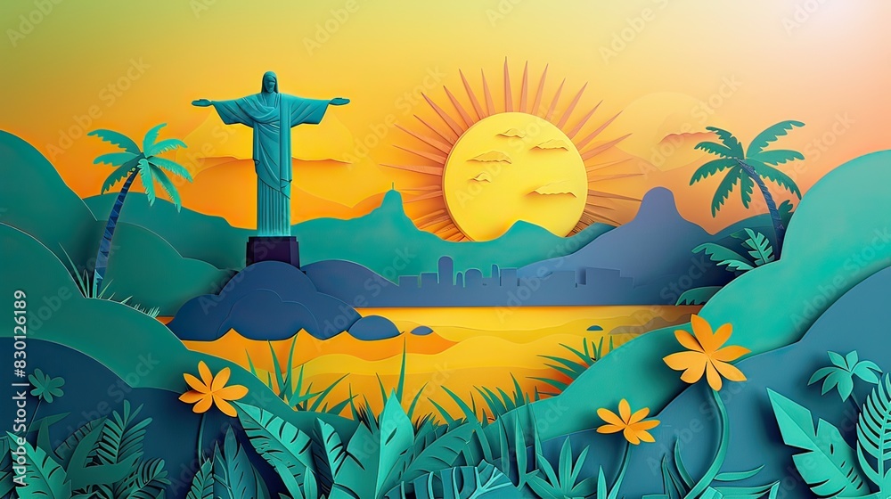 Christ the Redeemer, paper-cut style, infographic layout, tropical ...