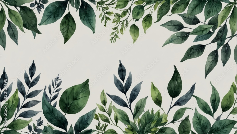 Watercolor green floral illustration on white background. Leaf frame ...