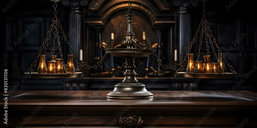Dark courtroom with justice scales emphasizing presumption of innocence ...