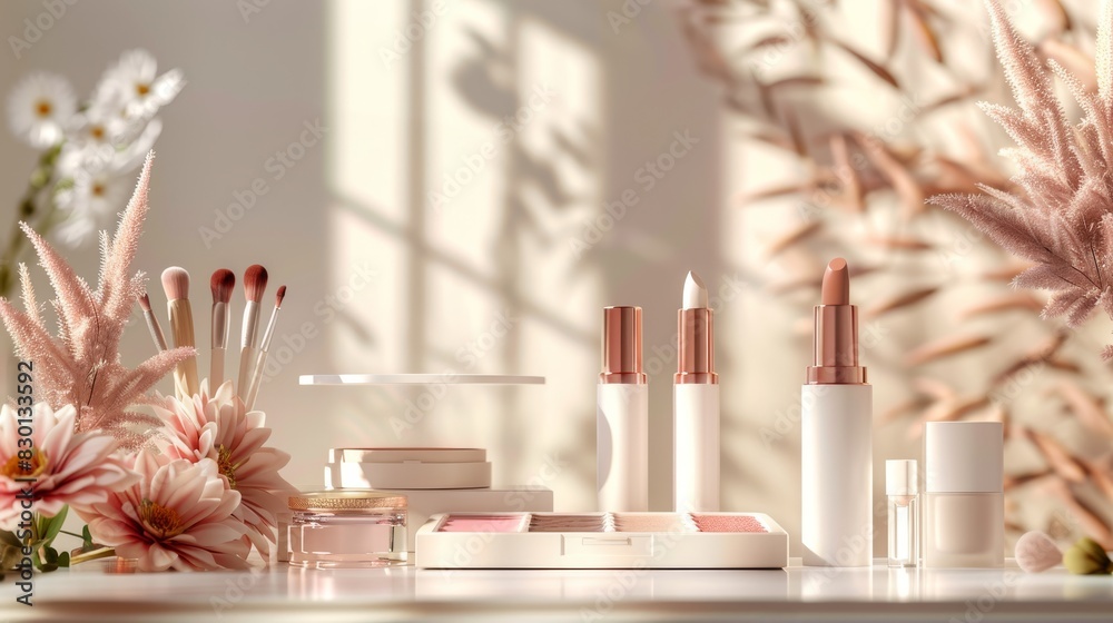 Realistic mock-up showcases blank makeup products – a chic lipstick, a ...