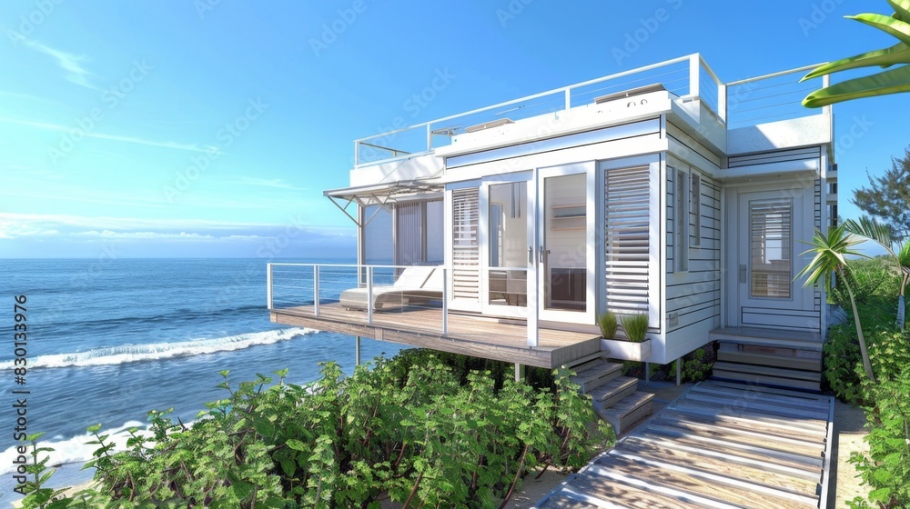 Tiny beach house plan with a rooftop deck and ocean access Stock ...