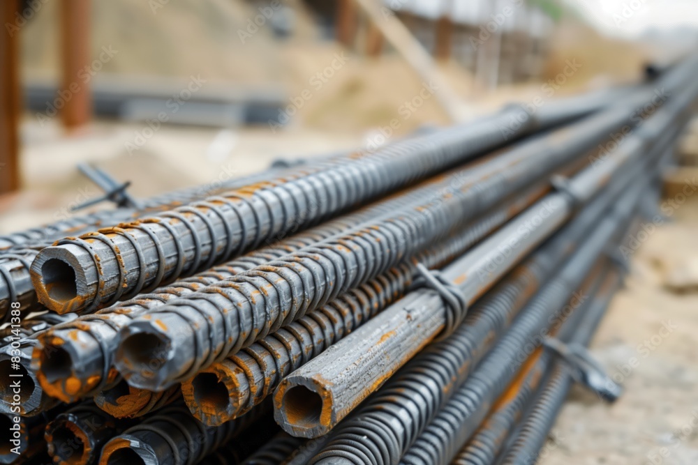 Pile of construction rebars with selective focus, used for reinforcing ...