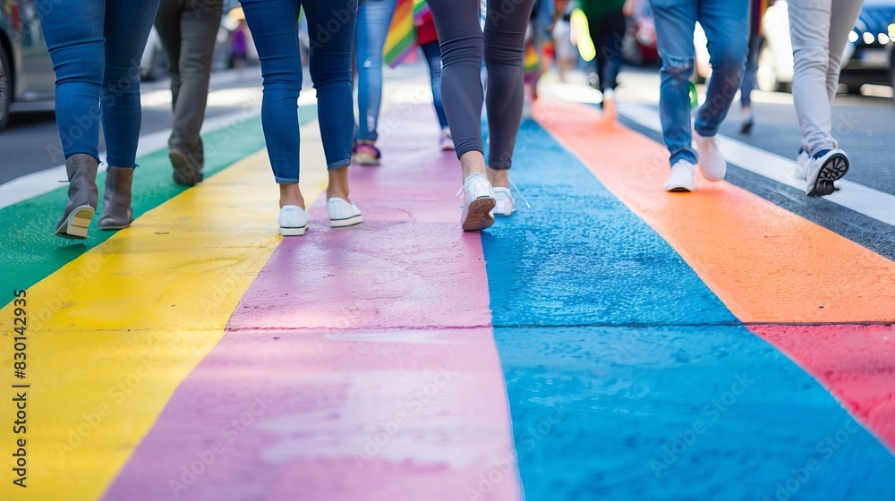 People walking on a colorful rainbow crosswalk, promoting diversity ...