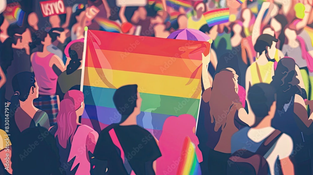 Lots of people hold protest banner. Many girls riot. Angry crowd walk ...