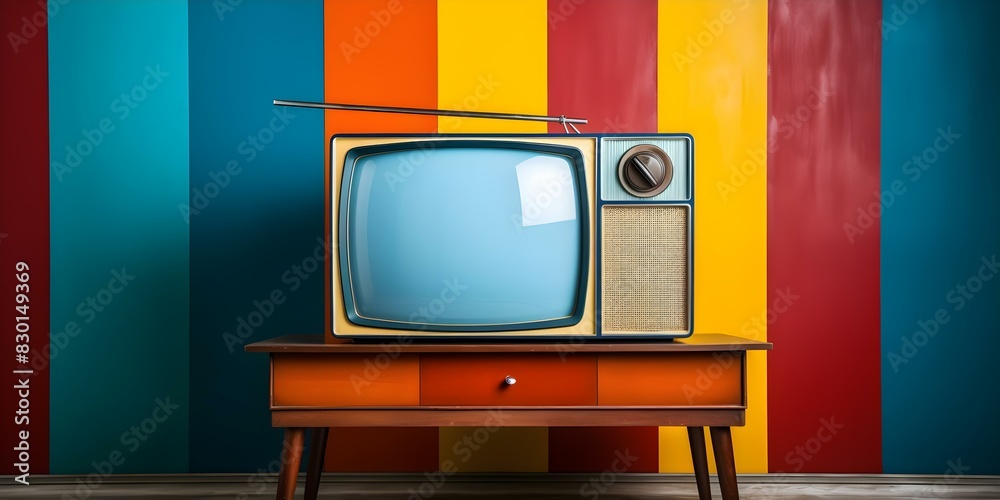 Vintage TV displaying a vibrant test pattern against a blue backdrop ...
