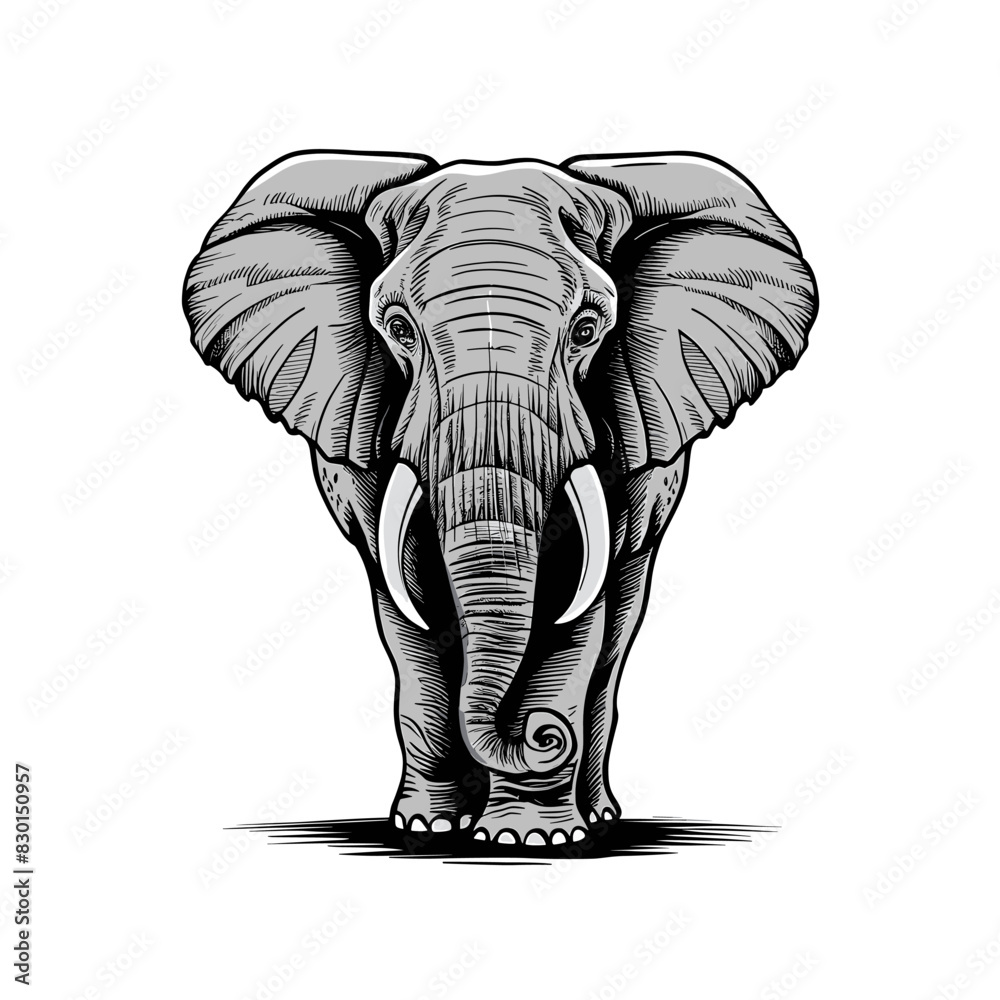 Elephant ink sketch drawing, black and white, engraving style vector ...