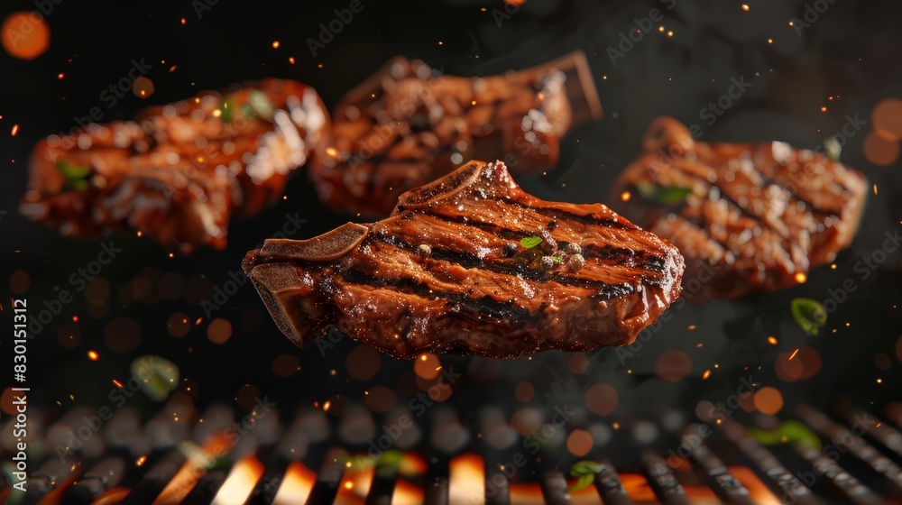 Grill Pork Chops steaks, realistic 3d brisket flying in the air ...