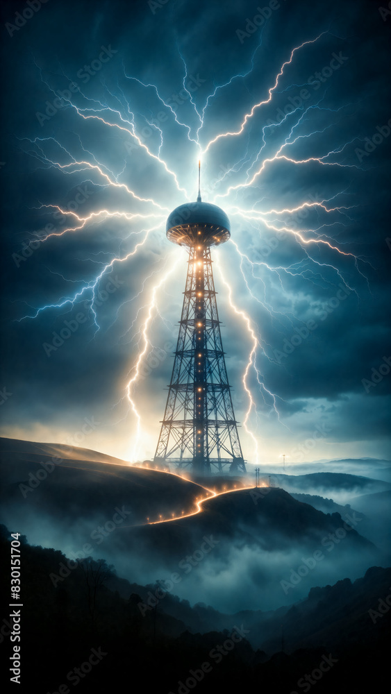 Tesla Tower radiating energy, with lightning streaking across stormy ...