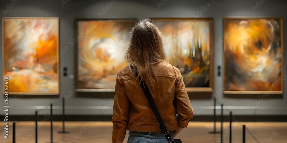 Exploring Art: Woman Admiring Paintings in Museum. Concept Art ...