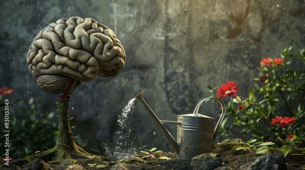 Human brain growing from a tree with flower, watering can is pouring ...