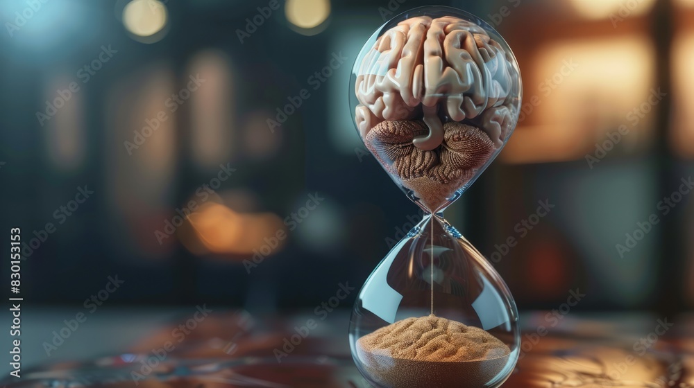 Human brain in hourglass, medical and psychology concept, brain aging ...