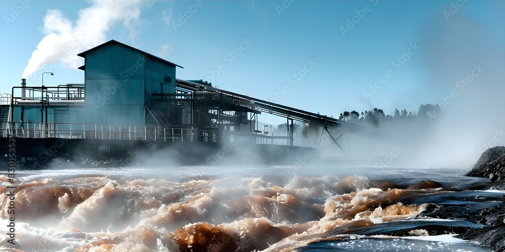 Industrial factory discharging brown wastewater into a wild river ...