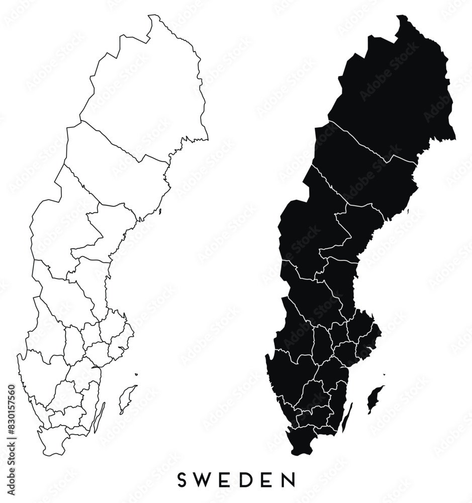 Sweden map of city regions districts vector black on white and outline ...