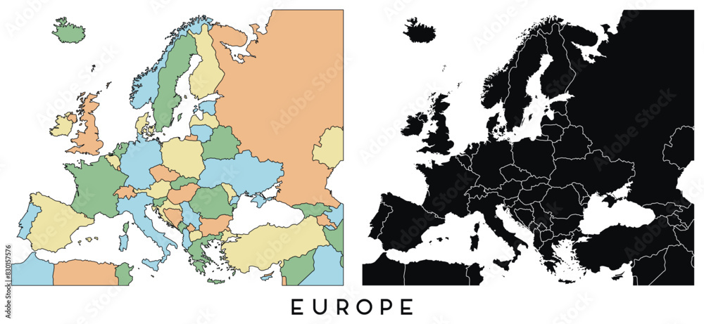 Europe map of city regions districts vector colored and black on white ...