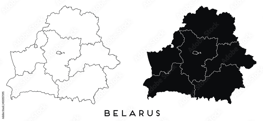 Belarus map of city regions districts vector black on white and outline ...
