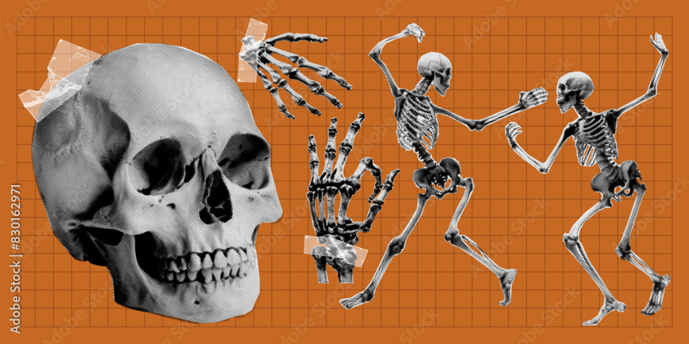 Human Skull and Skeleton, Hands. Contemporary dotted shapes with ...