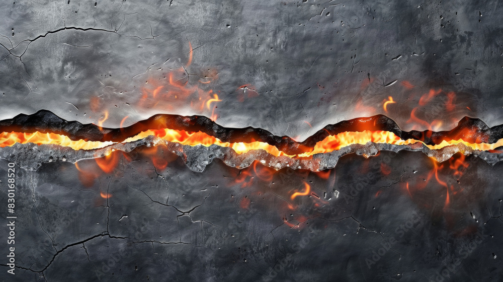 Metal texture background that is torn in half with glowing fire edge ...