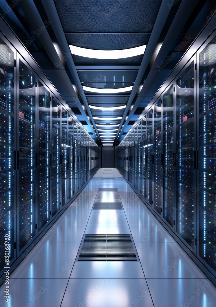 Server room with rows of server racks containing multiple server blades ...