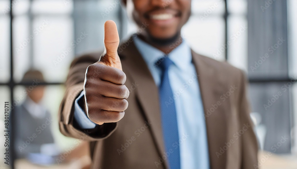 Man making a thumbs-up gesture in an office. face and background is ...