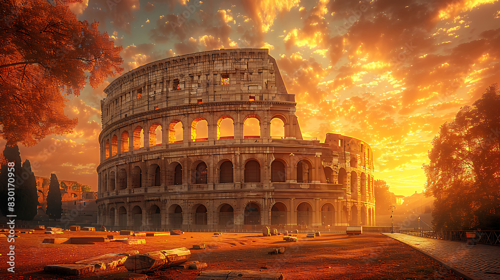 iconic image of Colosseum bathed golden sunlight showcasing grandeur ...