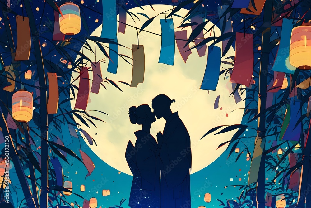 Silhouette of asian couple under full moon with lanterns and ribbons ...
