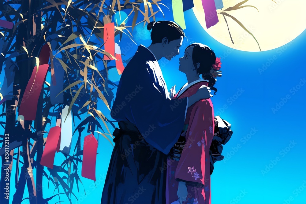 Asian couple in traditional kimonos under full moon. Tanzaku, colorful ...