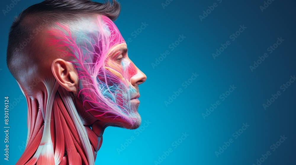 A medical illustration of the human muscular system, profile of a man ...