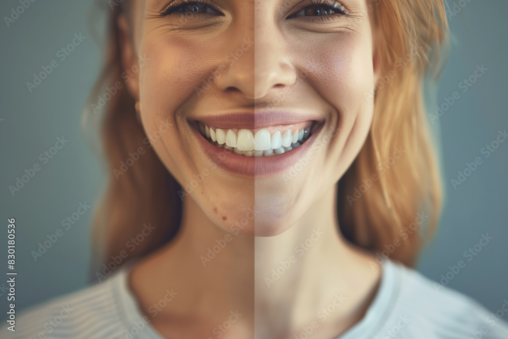 Two different sets of teeth, one with a white filling and the other ...