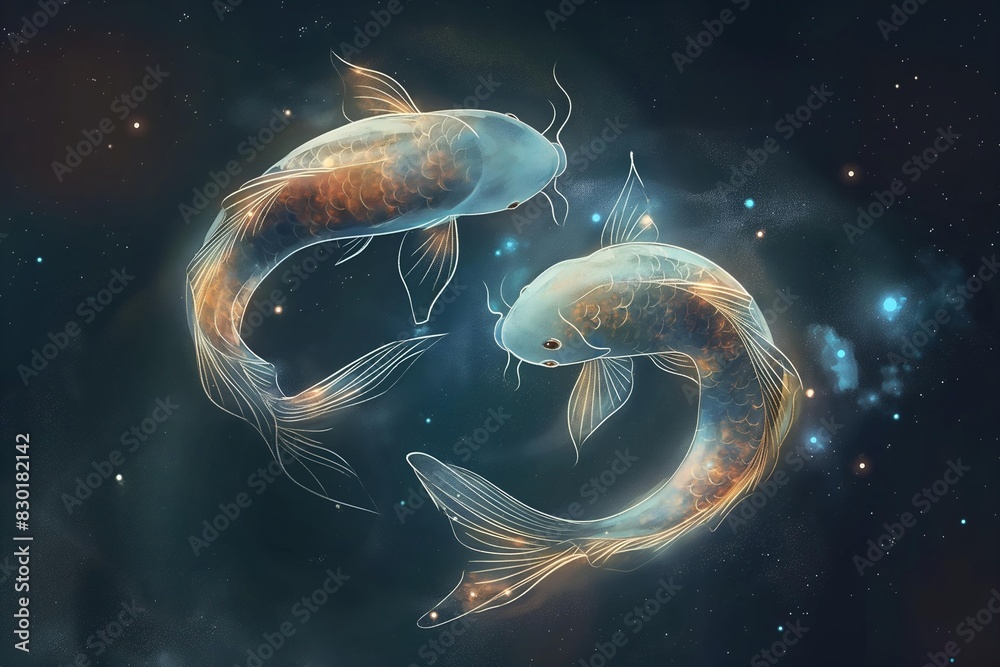 zodiac sign pisces on dark blue color background , glowing pieces Stock ...