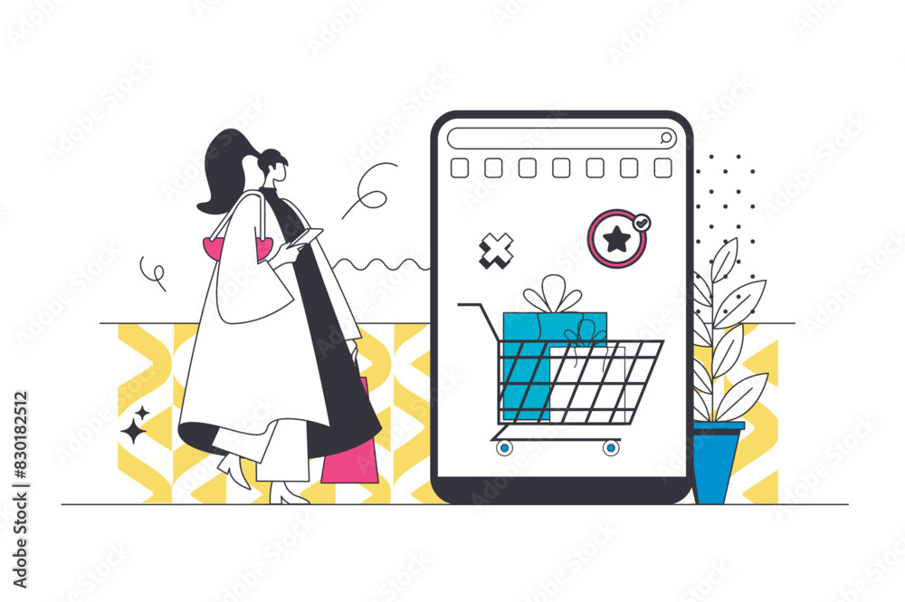 Online commerce outline web concept in modern flat line design. Woman making internet purchases ...
