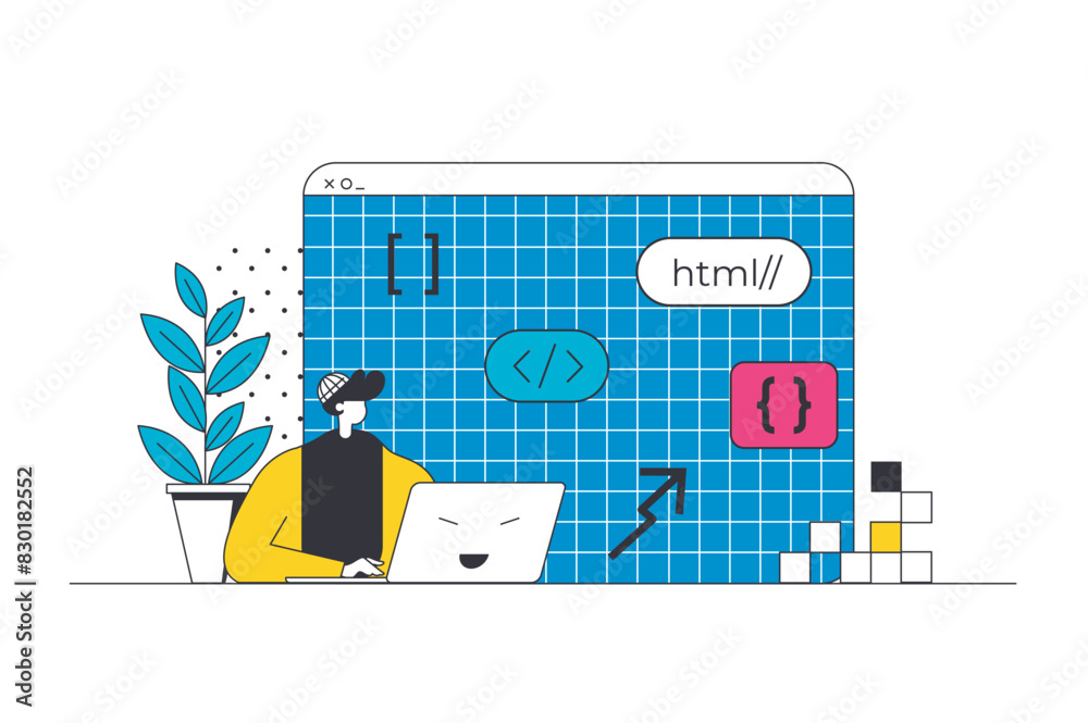 Devops Outline Web Concept In Modern Flat Line Design Programmer Coding And Working At Project