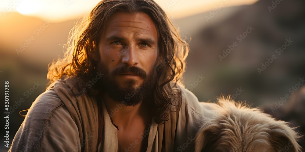 Jesus Christ as a Shepherd: Finding the Lost Lamb at Sunset. Concept ...
