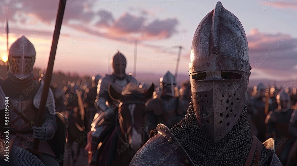 Mounted detachment of medieval knights in metal armor and helmets ready ...