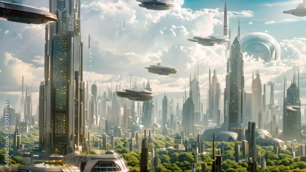 A futuristic city with towering buildings reaching the sky and advanced ...