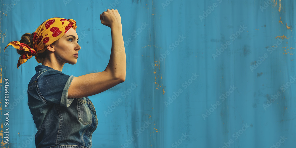 Strong Woman in Rosie the Riveter Pose with Blue Background Stock ...