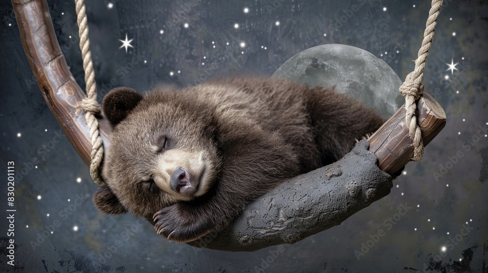 Baby bear sweetly sleeping on a crescent moon against a starry night ...