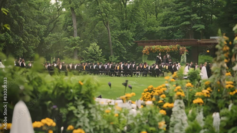 Graduates in robes standing in front of a vibrant green forest during ...