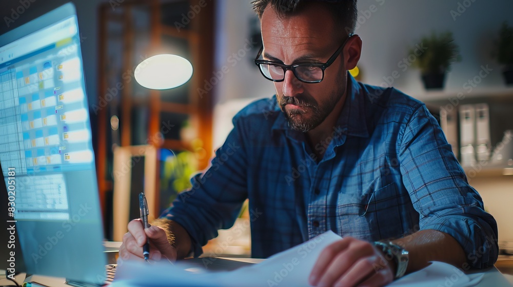 Project Manager Reviewing Timelines: At their desk, a project manager ...