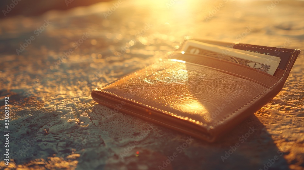 Wallet: Placed on a smooth surface, a wallet shines under the sunlight ...