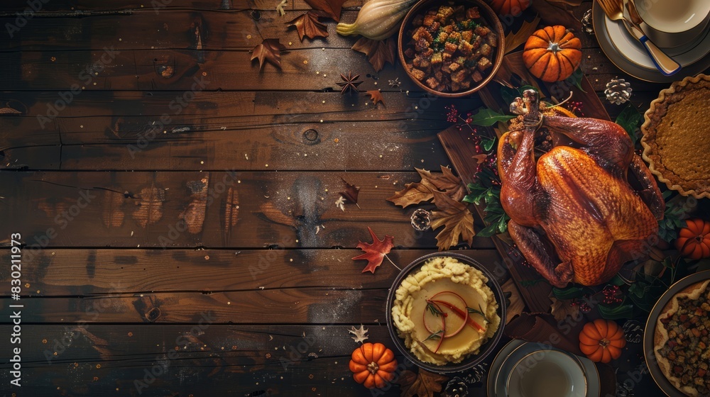 Classic Thanksgiving turkey dinner. Top down view side border on a dark ...