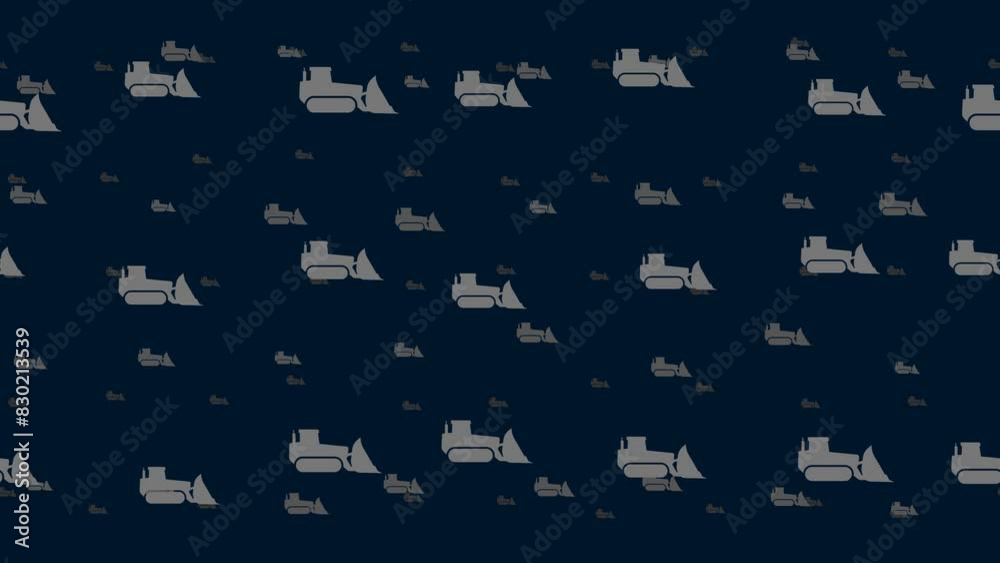 Bulldozer symbols float horizontally from left to right. Parallax fly effect. Floating symbols ...