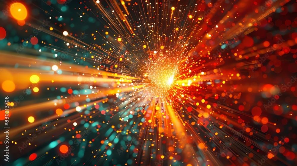 Saturated 3D pixel explosion, eyelevel, against a dark data stream ...