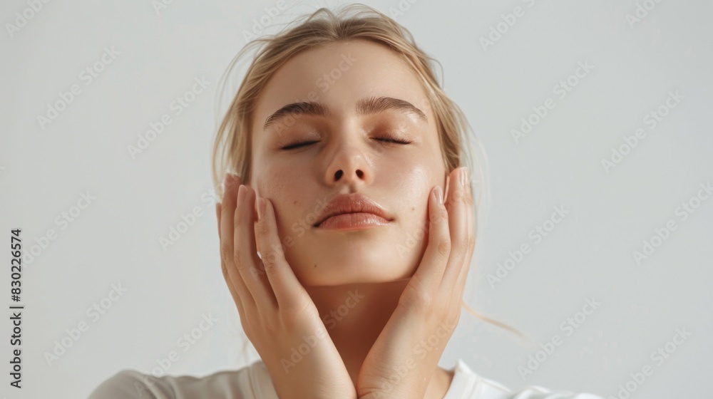 A woman performing facial yoga exercises to tone and tighten facial ...