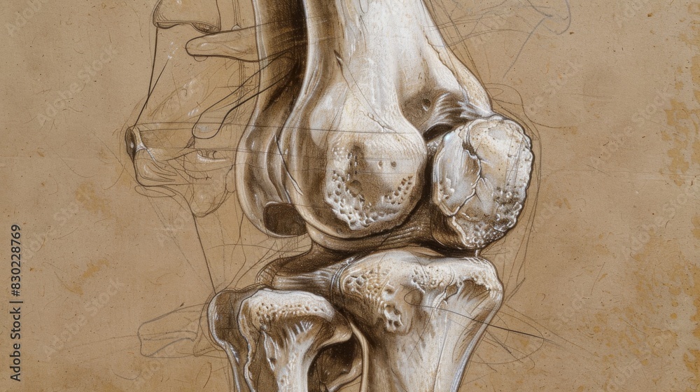 An anatomical drawing of the human knee joint, showing the complex ...